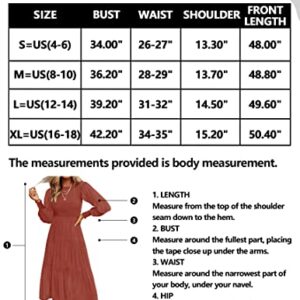 ZESICA Women's 2023 Casual Long Sleeve Crew Neck High Waist Smocked Flowy Tiered Midi Dress,Rust,Medium