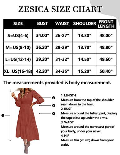 ZESICA Women's 2023 Casual Long Sleeve Crew Neck High Waist Smocked Flowy Tiered Midi Dress,Rust,Medium