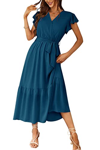 PRETTYGARDEN Women's 2023 Floral Boho Dress Wrap V Neck Short Sleeve Belted Ruffle Hem A-Line Flowy Maxi Dresses (Solid Lake Blue,X-Large)