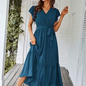 PRETTYGARDEN Women's 2023 Floral Boho Dress Wrap V Neck Short Sleeve Belted Ruffle Hem A-Line Flowy Maxi Dresses (Solid Lake Blue,X-Large)