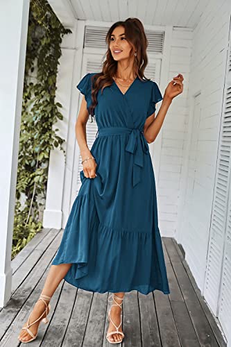 PRETTYGARDEN Women's 2023 Floral Boho Dress Wrap V Neck Short Sleeve Belted Ruffle Hem A-Line Flowy Maxi Dresses (Solid Lake Blue,X-Large)