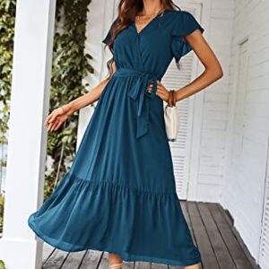 PRETTYGARDEN Women's 2023 Floral Boho Dress Wrap V Neck Short Sleeve Belted Ruffle Hem A-Line Flowy Maxi Dresses (Solid Lake Blue,X-Large)