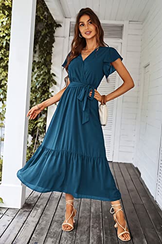 PRETTYGARDEN Women's 2023 Floral Boho Dress Wrap V Neck Short Sleeve Belted Ruffle Hem A-Line Flowy Maxi Dresses (Solid Lake Blue,X-Large)