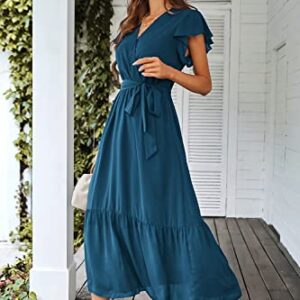 PRETTYGARDEN Women's 2023 Floral Boho Dress Wrap V Neck Short Sleeve Belted Ruffle Hem A-Line Flowy Maxi Dresses (Solid Lake Blue,X-Large)