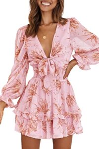 prettygarden women's short a-line flare dress knot front long sleeve v neck tiered ruffle swing mini skater dresses (pink floral,x-large)