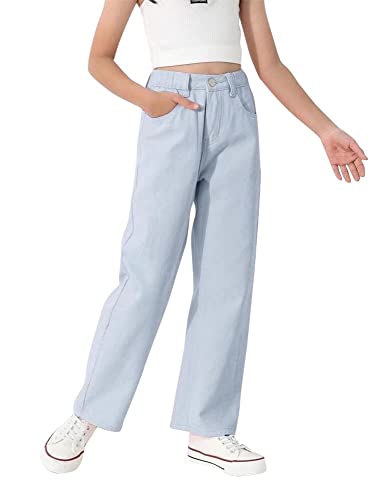 thefabland Girls Casual Denim Pants High Waisted Wide Leg Jeans with Pocket Light Blue