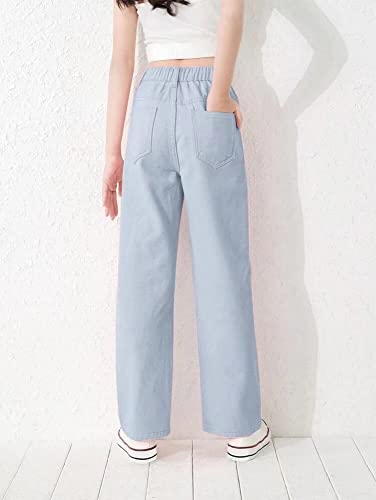 thefabland Girls Casual Denim Pants High Waisted Wide Leg Jeans with Pocket Light Blue