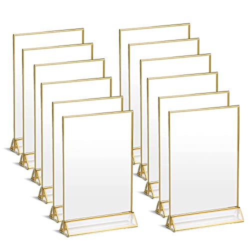 UNIQOOO Acrylic Sign Holders with Golden Border, Portrait View, Pack of 12 | 5x7 Double Sided Clear Frame, Perfect for Wedding reception, Centerpiece, Decoration, Party,Anniversary, Event