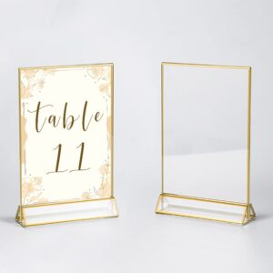 UNIQOOO Acrylic Sign Holders with Golden Border, Portrait View, Pack of 12 | 5x7 Double Sided Clear Frame, Perfect for Wedding reception, Centerpiece, Decoration, Party,Anniversary, Event