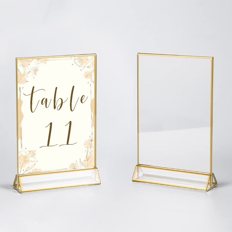 UNIQOOO Acrylic Sign Holders with Golden Border, Portrait View, Pack of 12 | 5x7 Double Sided Clear Frame, Perfect for Wedding reception, Centerpiece, Decoration, Party,Anniversary, Event