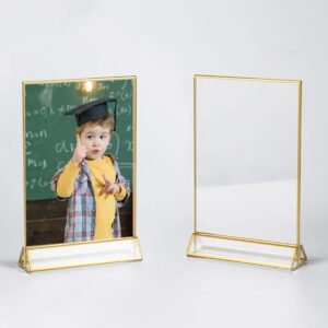 UNIQOOO Acrylic Sign Holders with Golden Border, Portrait View, Pack of 12 | 5x7 Double Sided Clear Frame, Perfect for Wedding reception, Centerpiece, Decoration, Party,Anniversary, Event