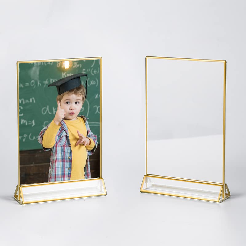 UNIQOOO Acrylic Sign Holders with Golden Border, Portrait View, Pack of 12 | 5x7 Double Sided Clear Frame, Perfect for Wedding reception, Centerpiece, Decoration, Party,Anniversary, Event