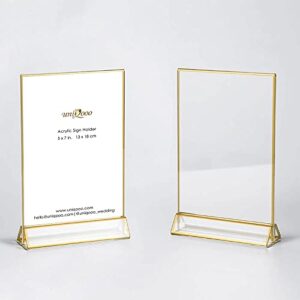 UNIQOOO Acrylic Sign Holders with Golden Border, Portrait View, Pack of 12 | 5x7 Double Sided Clear Frame, Perfect for Wedding reception, Centerpiece, Decoration, Party,Anniversary, Event