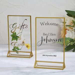 UNIQOOO Acrylic Sign Holders with Golden Border, Portrait View, Pack of 12 | 5x7 Double Sided Clear Frame, Perfect for Wedding reception, Centerpiece, Decoration, Party,Anniversary, Event