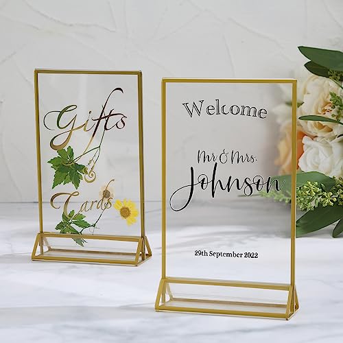 UNIQOOO Acrylic Sign Holders with Golden Border, Portrait View, Pack of 12 | 5x7 Double Sided Clear Frame, Perfect for Wedding reception, Centerpiece, Decoration, Party,Anniversary, Event