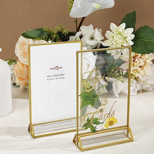 UNIQOOO Acrylic Sign Holders with Golden Border, Portrait View, Pack of 12 | 5x7 Double Sided Clear Frame, Perfect for Wedding reception, Centerpiece, Decoration, Party,Anniversary, Event