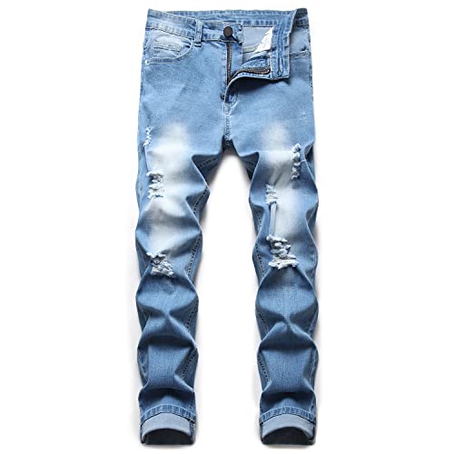 Men's Jeans Slim Fit Tapered Leg Ripped Stretch Flex Pants Skinny Cut Distressed Classic Light Blue Young Fashion Denim（5331-32）