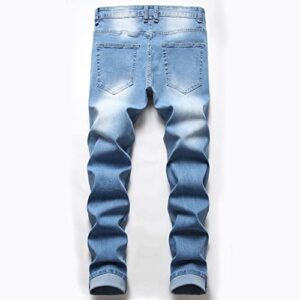 Men's Jeans Slim Fit Tapered Leg Ripped Stretch Flex Pants Skinny Cut Distressed Classic Light Blue Young Fashion Denim（5331-32）