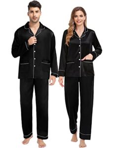 swomog womens silk satin pajamas long sleeve loungewear two-piece sleepwear button down pj set black