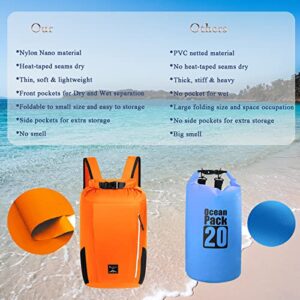 Waterproof Backpack Lightweight Dry Bags, 20L Roll Top Dry Sack with Phone Case Waist Pouch Set for Kayaking, Hiking, Swimming,Beach,Camping, Fishing,Boating & Rafting for Men & Women (Orange)