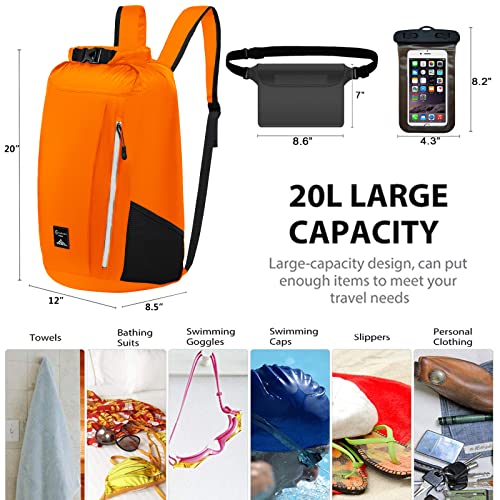 Waterproof Backpack Lightweight Dry Bags, 20L Roll Top Dry Sack with Phone Case Waist Pouch Set for Kayaking, Hiking, Swimming,Beach,Camping, Fishing,Boating & Rafting for Men & Women (Orange)