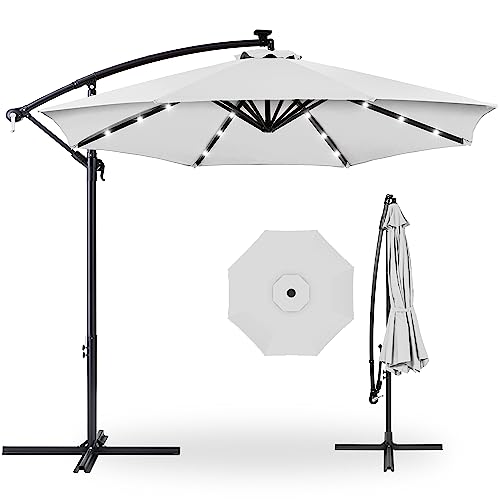 Best Choice Products 10ft Solar LED Offset Hanging Market Patio Umbrella for Backyard, Poolside, Lawn and Garden w/Easy Tilt Adjustment, Polyester Shade, 8 Ribs - Fog Gray