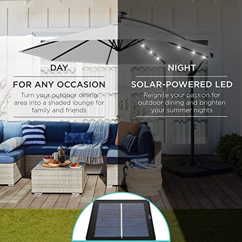 Best Choice Products 10ft Solar LED Offset Hanging Market Patio Umbrella for Backyard, Poolside, Lawn and Garden w/Easy Tilt Adjustment, Polyester Shade, 8 Ribs - Fog Gray