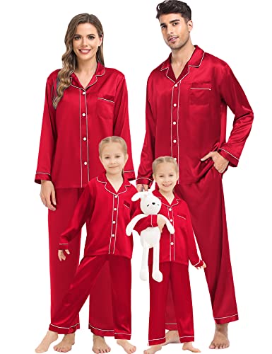 SWOMOG Womens Silk Satin Pajamas Set Long Sleeve Sleepwear Button-up Pjs Gifts Nightwear 2pcs Loungewear Red