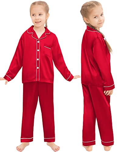 SWOMOG Womens Silk Satin Pajamas Set Long Sleeve Sleepwear Button-up Pjs Gifts Nightwear 2pcs Loungewear Red