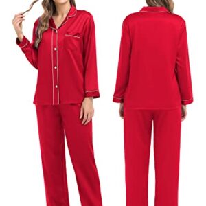 SWOMOG Womens Silk Satin Pajamas Set Long Sleeve Sleepwear Button-up Pjs Gifts Nightwear 2pcs Loungewear Red