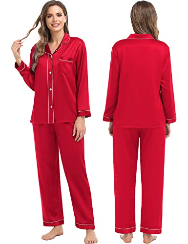 SWOMOG Womens Silk Satin Pajamas Set Long Sleeve Sleepwear Button-up Pjs Gifts Nightwear 2pcs Loungewear Red