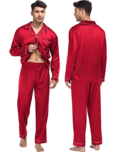 SWOMOG Womens Silk Satin Pajamas Set Long Sleeve Sleepwear Button-up Pjs Gifts Nightwear 2pcs Loungewear Red