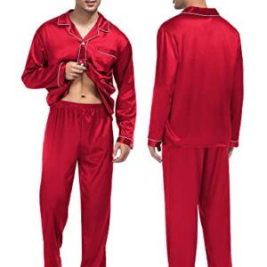 SWOMOG Womens Silk Satin Pajamas Set Long Sleeve Loungewear 2 Piece Sleepwear Button Down Casual Pj Set Red