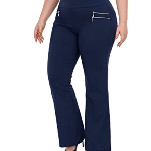 Inno Plus Size Dress Pants Women Bootcut Dress Pants Stretchy High Waisted Pull-on Slacks with Zipper Pockets Business Casual Work, Navy, XXL, 28" Inseam