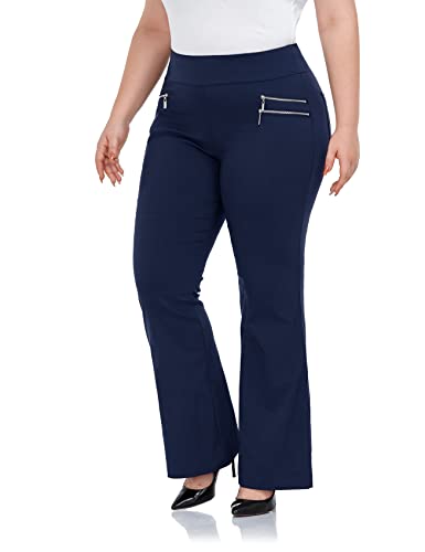 Inno Plus Size Dress Pants Women Bootcut Dress Pants Stretchy High Waisted Pull-on Slacks with Zipper Pockets Business Casual Work, Navy, XXL, 28" Inseam