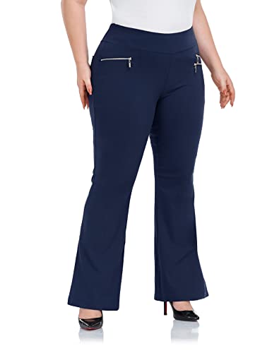 Inno Plus Size Dress Pants Women Bootcut Dress Pants Stretchy High Waisted Pull-on Slacks with Zipper Pockets Business Casual Work, Navy, XXL, 28" Inseam