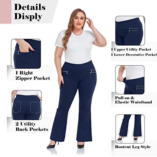 Inno Plus Size Dress Pants Women Bootcut Dress Pants Stretchy High Waisted Pull-on Slacks with Zipper Pockets Business Casual Work, Navy, XXL, 28" Inseam