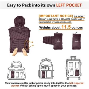 Outdoor Ventures Women's Packable Lightweight Full-Zip Puffer Jacket with Hood Quilted Winter Coat