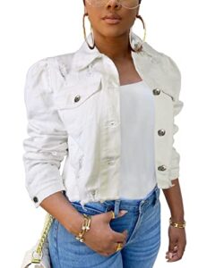 amebelle jean jacket for women long puff sleeve distressed crop denim jackets top(0002-white-l)