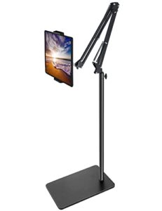 tablet floor stand with double weight base, overhead bed phone mount height adjustable arm stretchable stand holder, compatible with ipad mini air pro, galaxy tab, kindle, switch, cell phones-black