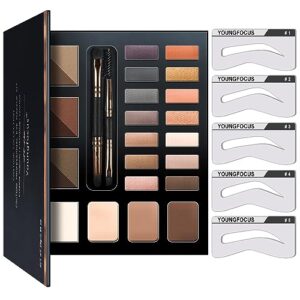 youngfocus eye makeup brow contour kit, 6 waterproof eyebrow powders palette set, 5 eyebrow stencils,14 highly pigmented eyeshadows, 3 highlighter contour powders, spoolie/brush duo, eye brow wax - best gift