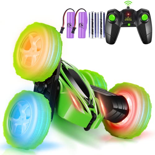 Flymevac Remote Control Car, 360° Rotating RC Stunt Cars with Wheel lights and headlights,4WD 2.4Ghz Double-Sided Fast and Flips RC Cars for 6-12 Year Old Kids Xmas Toy Cars Gift for Boys Girls(Green)