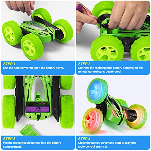 Flymevac Remote Control Car, 360° Rotating RC Stunt Cars with Wheel lights and headlights,4WD 2.4Ghz Double-Sided Fast and Flips RC Cars for 6-12 Year Old Kids Xmas Toy Cars Gift for Boys Girls(Green)