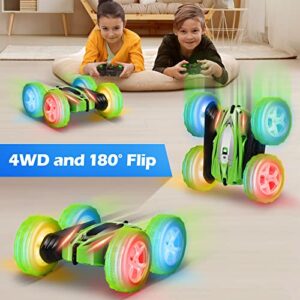 Flymevac Remote Control Car, 360° Rotating RC Stunt Cars with Wheel lights and headlights,4WD 2.4Ghz Double-Sided Fast and Flips RC Cars for 6-12 Year Old Kids Xmas Toy Cars Gift for Boys Girls(Green)