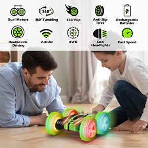 Flymevac Remote Control Car, 360° Rotating RC Stunt Cars with Wheel lights and headlights,4WD 2.4Ghz Double-Sided Fast and Flips RC Cars for 6-12 Year Old Kids Xmas Toy Cars Gift for Boys Girls(Green)