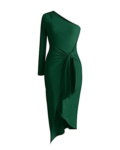 BTFBM Women Elegant Long Sleeve One Shoulder Cocktail Dress Bodycon Ruched Tie Waist Wrap Dress Solid Color Midi Party Dress(Solid Dark Green,Small)