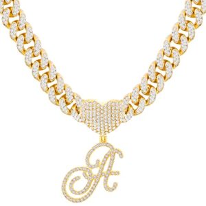 ptjdsmf gold initial cuban link chain for women miami iced out chain for women bling diamond chain necklace hip hop jewelry (a)