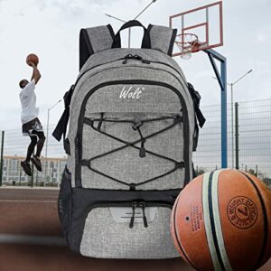 WOLT | Basketball Backpack Large Sports Bag with Separate Ball holder & Shoes compartment, Best for Basketball, Soccer, Volleyball, Swim, Gym, Travel (Grey)