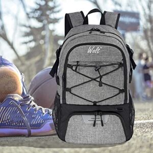 WOLT | Basketball Backpack Large Sports Bag with Separate Ball holder & Shoes compartment, Best for Basketball, Soccer, Volleyball, Swim, Gym, Travel (Grey)