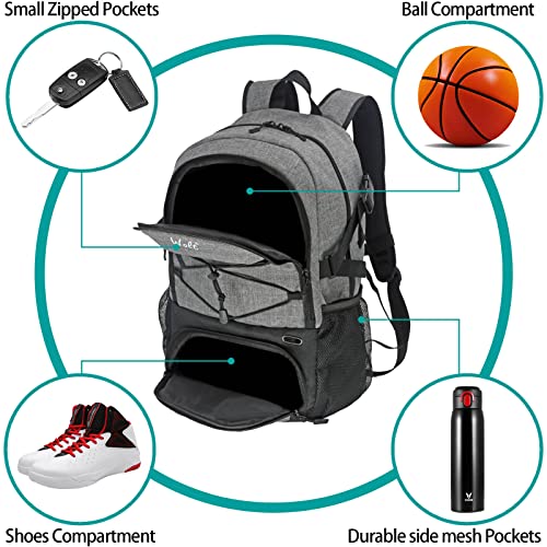 WOLT | Basketball Backpack Large Sports Bag with Separate Ball holder & Shoes compartment, Best for Basketball, Soccer, Volleyball, Swim, Gym, Travel (Grey)